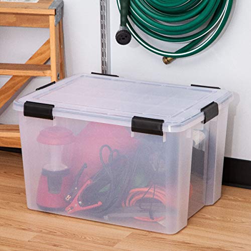 IRIS USA 110586 74 Quart Clear Plastic Weathertight Stackable Buckle Down Storage Latch Box Container for Home or Office Organization (4 Pack)