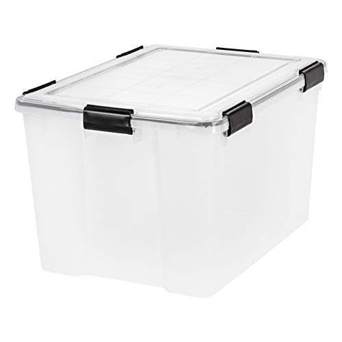 IRIS USA 110586 74 Quart Clear Plastic Weathertight Stackable Buckle Down Storage Latch Box Container for Home or Office Organization (4 Pack)