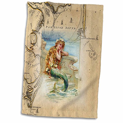 3D Rose Print of Vintage Map Outer Banks with Mermaid TWL_204851_1 Towel, 15" x 22"