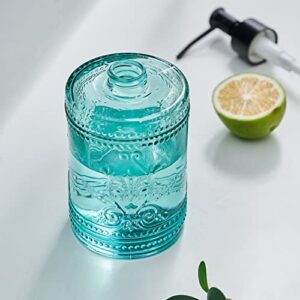 Teal Blue Glass Bathroom Accessories Set with Decorative Pressed Pattern - Includes 2 Hand Soap Dispenser & Tumbler & Soap Dish & Toothbrush Holder (Teal Blue)