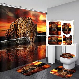 uffae 4 pcs leopard cheetah shower curtain set with rugs, toilet lid cover, bath mat,waterproof african animal print bathroom decor sets accessories with 12 hooks