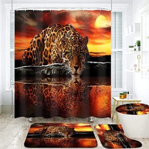 UFFAE 4 Pcs Leopard Cheetah Shower Curtain Set with Rugs, Toilet Lid Cover, Bath Mat,Waterproof African Animal Print Bathroom Decor Sets Accessories with 12 Hooks