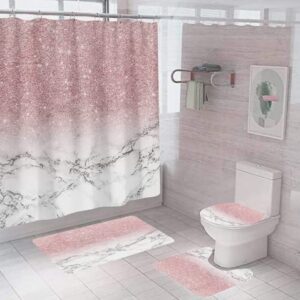 HEDYBARD 4 Pcs Pink Bathroom Shower Curtain Set with Waterproof Shower Curtain, Non-Slip Soft Flannel Rugs, Toilet Lid Cover, Bath Mat and 12 Hooks for Home Decorations, Pink, 72"x72"