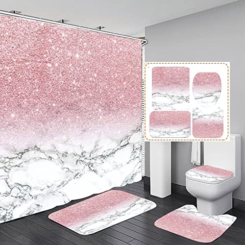 HEDYBARD 4 Pcs Pink Bathroom Shower Curtain Set with Waterproof Shower Curtain, Non-Slip Soft Flannel Rugs, Toilet Lid Cover, Bath Mat and 12 Hooks for Home Decorations, Pink, 72"x72"