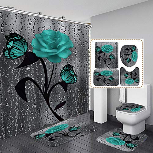 Ochine 4 Pcs Rose Shower Curtain Sets Floral Bathroom Shower Curtain Set with Rugs, Toilet Lid Cover and Bath Mat, Waterproof Polyester Fabric Flower Shower Curtains for Bathroom Decor with 12 Hooks