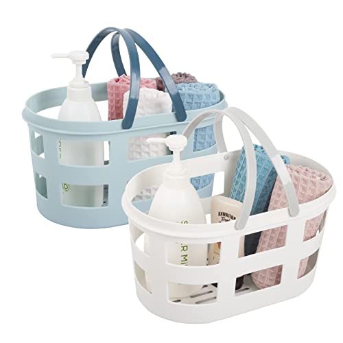 Anyoifax 2 Pack Portable Shower Caddy Tote Plastic Basket with Handle Storage Organizer Bin for Bathroom, Pantry, Kitchen, College Dorm, 12 x 7.4 x 6.5 inch, Set of 2, White & Blue