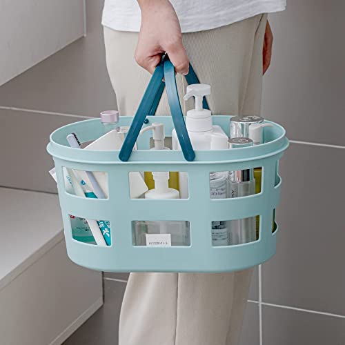 Anyoifax 2 Pack Portable Shower Caddy Tote Plastic Basket with Handle Storage Organizer Bin for Bathroom, Pantry, Kitchen, College Dorm, 12 x 7.4 x 6.5 inch, Set of 2, White & Blue