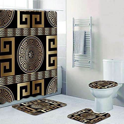 fnump 4 Pieces Bath Sets Retro Black Gold Greek Key Meander ​Shower Curtain Sets Anti-Slip Bath Rug Floor Mat Home Decor Waterproof Bath Curtain with 12 Hooks - 71" x 71"