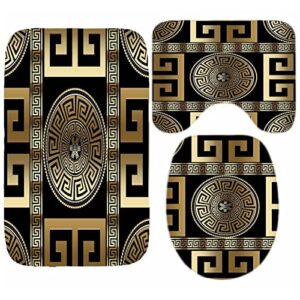 fnump 4 Pieces Bath Sets Retro Black Gold Greek Key Meander ​Shower Curtain Sets Anti-Slip Bath Rug Floor Mat Home Decor Waterproof Bath Curtain with 12 Hooks - 71" x 71"