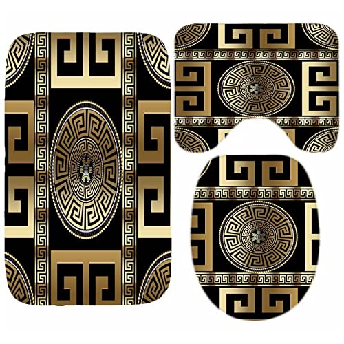 fnump 4 Pieces Bath Sets Retro Black Gold Greek Key Meander ​Shower Curtain Sets Anti-Slip Bath Rug Floor Mat Home Decor Waterproof Bath Curtain with 12 Hooks - 71" x 71"