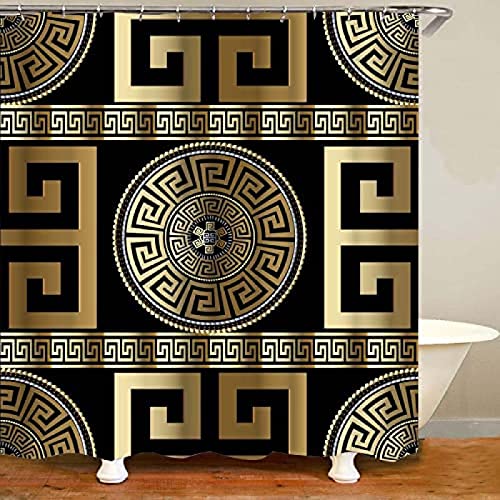 fnump 4 Pieces Bath Sets Retro Black Gold Greek Key Meander ​Shower Curtain Sets Anti-Slip Bath Rug Floor Mat Home Decor Waterproof Bath Curtain with 12 Hooks - 71" x 71"