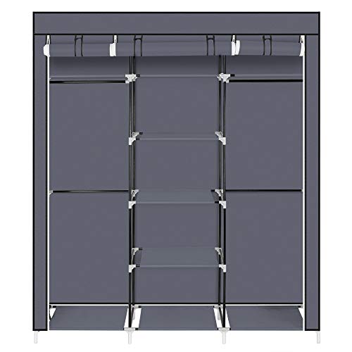 Portable Clothes Closet Non-Woven Fabric Wardrobe Double Rod Storage Organizer 69" - Gray