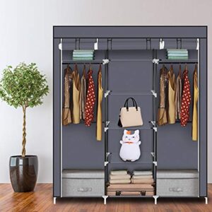 Portable Clothes Closet Non-Woven Fabric Wardrobe Double Rod Storage Organizer 69" - Gray