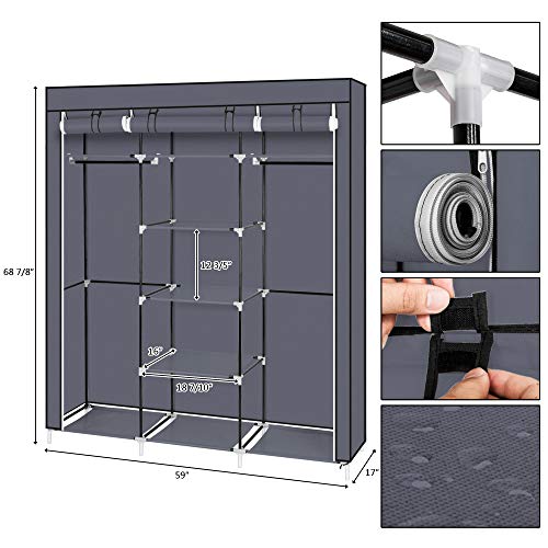 Portable Clothes Closet Non-Woven Fabric Wardrobe Double Rod Storage Organizer 69" - Gray