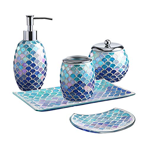 Bathroom Accessory Set | 5-Piece Decorative Glass Bathroom Soap Dispenser Set | Soap Dispenser, Tray, Jar, Toothbrush Holder | Elegant Blue Mosaic Glass Mermaid Bathroom