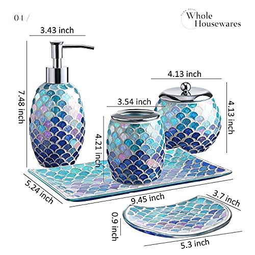 Bathroom Accessory Set | 5-Piece Decorative Glass Bathroom Soap Dispenser Set | Soap Dispenser, Tray, Jar, Toothbrush Holder | Elegant Blue Mosaic Glass Mermaid Bathroom