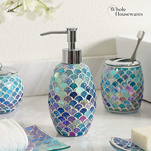 Bathroom Accessory Set | 5-Piece Decorative Glass Bathroom Soap Dispenser Set | Soap Dispenser, Tray, Jar, Toothbrush Holder | Elegant Blue Mosaic Glass Mermaid Bathroom