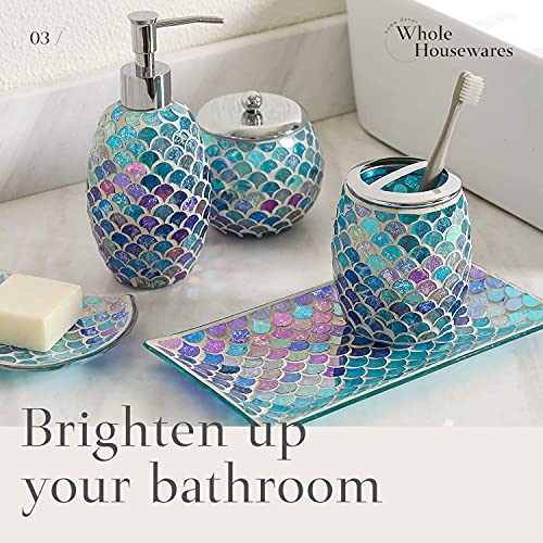 Bathroom Accessory Set | 5-Piece Decorative Glass Bathroom Soap Dispenser Set | Soap Dispenser, Tray, Jar, Toothbrush Holder | Elegant Blue Mosaic Glass Mermaid Bathroom