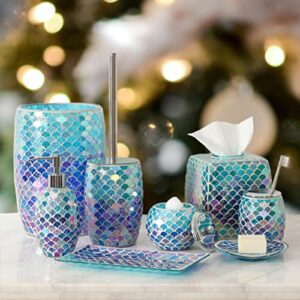 Bathroom Accessory Set | 5-Piece Decorative Glass Bathroom Soap Dispenser Set | Soap Dispenser, Tray, Jar, Toothbrush Holder | Elegant Blue Mosaic Glass Mermaid Bathroom