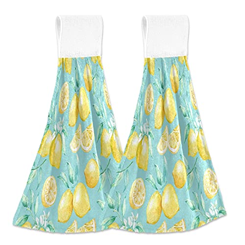 Lemon Hanging Kitchen Towel Leaves Bath Hand Tie Towels Set 2 Pcs Tea Bar Towel Dish Cloths Dry Towels Soft Absorbent Durable for Bathroom Laundry Room Decor