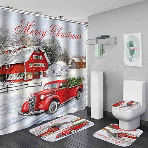 4 Pcs Christmas Shower Curtain Sets with Rugs Red Truck with Xmas Tree Snowmen Farmhouse Shower Curtain Waterproof Bathroom Set with Hooks Toilet Lid Cover Bath Mat