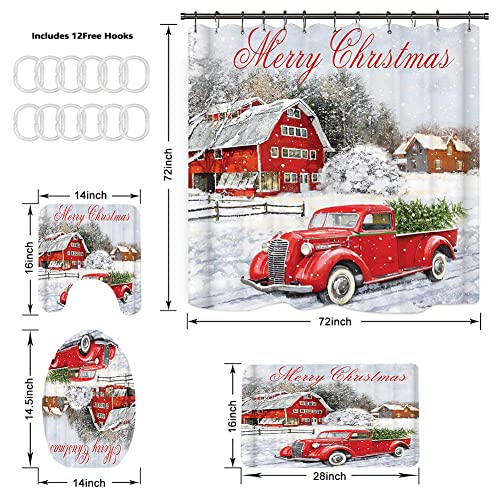 4 Pcs Christmas Shower Curtain Sets with Rugs Red Truck with Xmas Tree Snowmen Farmhouse Shower Curtain Waterproof Bathroom Set with Hooks Toilet Lid Cover Bath Mat