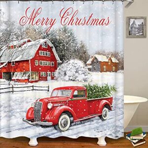 4 Pcs Christmas Shower Curtain Sets with Rugs Red Truck with Xmas Tree Snowmen Farmhouse Shower Curtain Waterproof Bathroom Set with Hooks Toilet Lid Cover Bath Mat