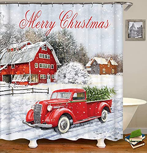 4 Pcs Christmas Shower Curtain Sets with Rugs Red Truck with Xmas Tree Snowmen Farmhouse Shower Curtain Waterproof Bathroom Set with Hooks Toilet Lid Cover Bath Mat