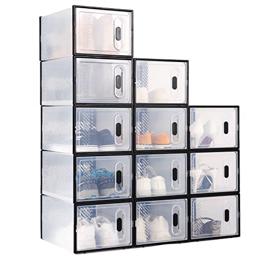 12 Pack Foldable Shoe Storage Boxes, Shoe Boxes Clear Plastic Stackable with Front Magnetic Door, Ventilation and Dust-proof, Shoe Organizer Boxes for Closet, Entryway, Bedroom, Fit for Sneaker/Boots/High heel(13.9 x 9.8 x 7.2) Clear (12Pack)