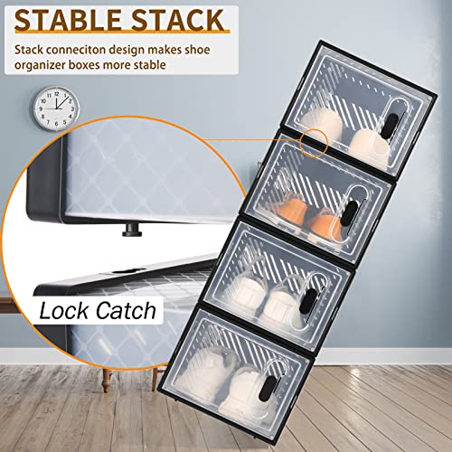 12 Pack Foldable Shoe Storage Boxes, Shoe Boxes Clear Plastic Stackable with Front Magnetic Door, Ventilation and Dust-proof, Shoe Organizer Boxes for Closet, Entryway, Bedroom, Fit for Sneaker/Boots/High heel(13.9 x 9.8 x 7.2) Clear (12Pack)