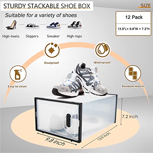 12 Pack Foldable Shoe Storage Boxes, Shoe Boxes Clear Plastic Stackable with Front Magnetic Door, Ventilation and Dust-proof, Shoe Organizer Boxes for Closet, Entryway, Bedroom, Fit for Sneaker/Boots/High heel(13.9 x 9.8 x 7.2) Clear (12Pack)