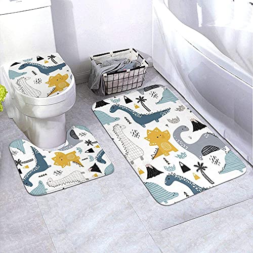 ZOEO Cream Dinosaur Cute Dino T Rex Bathroom Rugs Bath Mat Sets 3 Piece for Toilet Large Non Slip Contour Mats U Shaped for Men Women