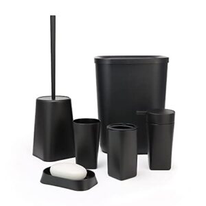 imavo bathroom accessories set,6-piece bathroom gift set,toothbrush holder,toothbrush cup,soap dispenser,soap dish,toilet brush holder,trash can,tumbler bathroom accessory set complete,black