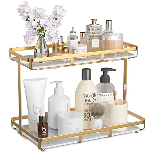 Hassol 2 Tier Bathroom Countertop Organizer, Premium for Makeup Organization and Storage, Vanity Trays, Skincare Organizers, Counter Trays, Perfume, Display, Kitchen, Lotion, Cosmetic Gold Shelf