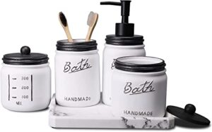 lkkl mason jar bathroom accessories - 5pcs mason jars soap and lotion dispenser set - bathroom sets 2 apothecary jars, 1 toothbrush holder, 1 soap dispenser, 1 bathroom tray (black/white)