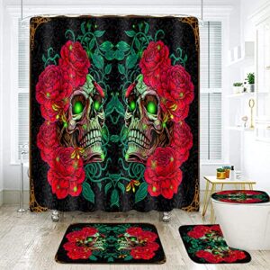 sddser skull shower curtain set, 4pcs red rose skeleton bathroom sets with 72"" polyester shower curtain and bath mat, toilet lid cover and u shaped rug, 12 hooks, setmlsd60