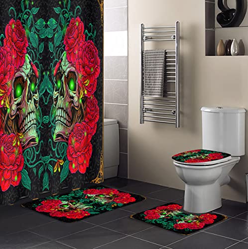 SDDSER Skull Shower Curtain Set, 4PCS Red Rose Skeleton Bathroom Sets with 72"" Polyester Shower Curtain and Bath Mat, Toilet Lid Cover and U Shaped Rug, 12 Hooks, SETMLSD60