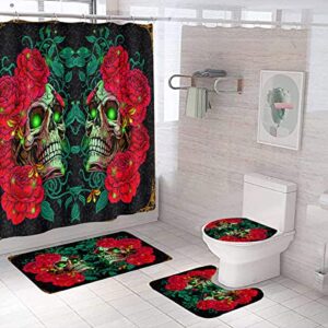 SDDSER Skull Shower Curtain Set, 4PCS Red Rose Skeleton Bathroom Sets with 72"" Polyester Shower Curtain and Bath Mat, Toilet Lid Cover and U Shaped Rug, 12 Hooks, SETMLSD60