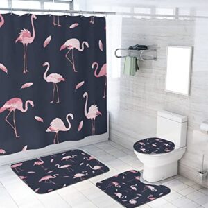 zmcongz flamingo 4 pcs shower curtain set seamless pattern flamingo feather bathroom decor bath curtain with rugs toilet lid cover bath mat, 72x72 inch