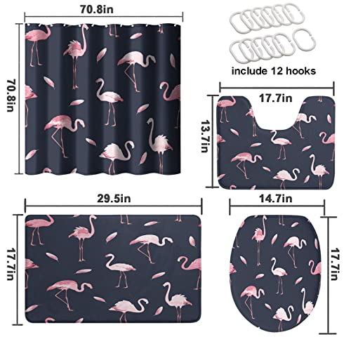 Zmcongz Flamingo 4 Pcs Shower Curtain Set Seamless Pattern Flamingo Feather Bathroom Decor Bath Curtain with Rugs Toilet Lid Cover Bath Mat, 72x72 Inch