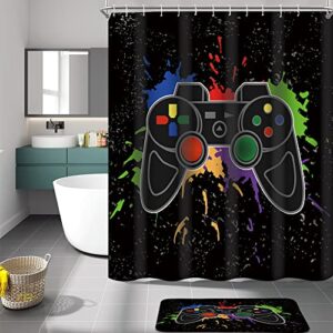 Izayoi 4pcs Black Shower Curtain Sets with Non-Slip Rugs Toilet Lid Cover and Bath Mat Waterproof Kids Shower Curtains with 12 Hooks for Boys Bathroom Décor