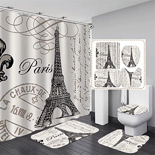 4PCS Paris Eiffel Tower Shower Curtain Set with Non-Slip Rugs Toilet Lid Cover and Bath Mat Shower Curtain with 12 Hooks Bathroom Sets with Shower Curtain and Rugs and Accessories