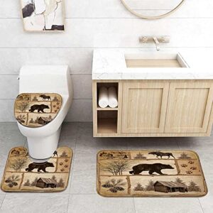 Rustic Cabin Country Antique Bear Shower Curtain Set with Rugs, Moose Forest Vintage Hunting Camping Bathroom Accessories Sets Non-Slip Mats, Bath Curtains with Bath Mats and Toilet Lid Seat Cover