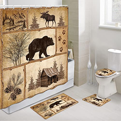 Rustic Cabin Country Antique Bear Shower Curtain Set with Rugs, Moose Forest Vintage Hunting Camping Bathroom Accessories Sets Non-Slip Mats, Bath Curtains with Bath Mats and Toilet Lid Seat Cover