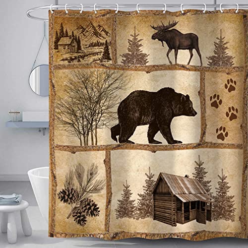 Rustic Cabin Country Antique Bear Shower Curtain Set with Rugs, Moose Forest Vintage Hunting Camping Bathroom Accessories Sets Non-Slip Mats, Bath Curtains with Bath Mats and Toilet Lid Seat Cover