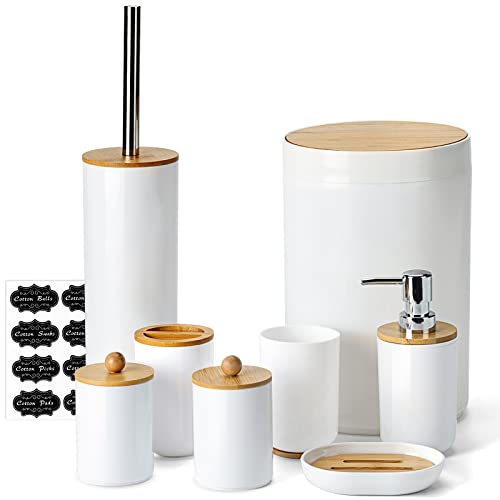 Fixwal Bamboo Bathroom Accessories Set of 8, Soap Dish Soap Dispenser Toothbrush Cup Toothbrush Holder Toilet Brush Trash Can and 2 Qtip Holders with Bamboo Lids(White)