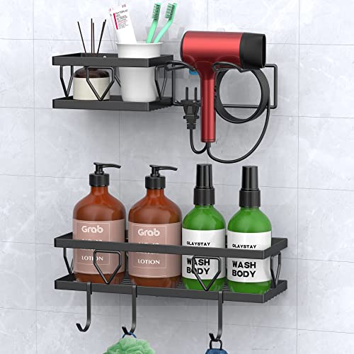 Nokgnoa Shower Caddy Organizer, No Drilling Rustproof Traceless Adhesive Shower Rack, 2 Pack Wall Mounted Shower Shelf with Hooks Hair Dryer Organizer for Bathroom Bedroom (Black)