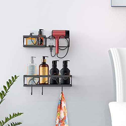 Nokgnoa Shower Caddy Organizer, No Drilling Rustproof Traceless Adhesive Shower Rack, 2 Pack Wall Mounted Shower Shelf with Hooks Hair Dryer Organizer for Bathroom Bedroom (Black)