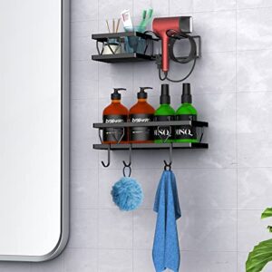 Nokgnoa Shower Caddy Organizer, No Drilling Rustproof Traceless Adhesive Shower Rack, 2 Pack Wall Mounted Shower Shelf with Hooks Hair Dryer Organizer for Bathroom Bedroom (Black)