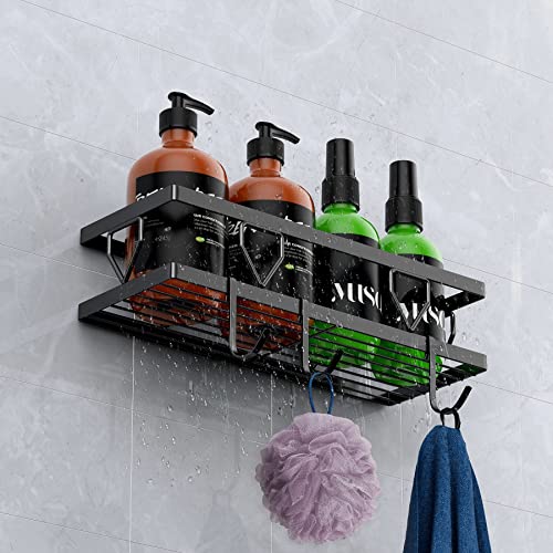 Nokgnoa Shower Caddy Organizer, No Drilling Rustproof Traceless Adhesive Shower Rack, 2 Pack Wall Mounted Shower Shelf with Hooks Hair Dryer Organizer for Bathroom Bedroom (Black)